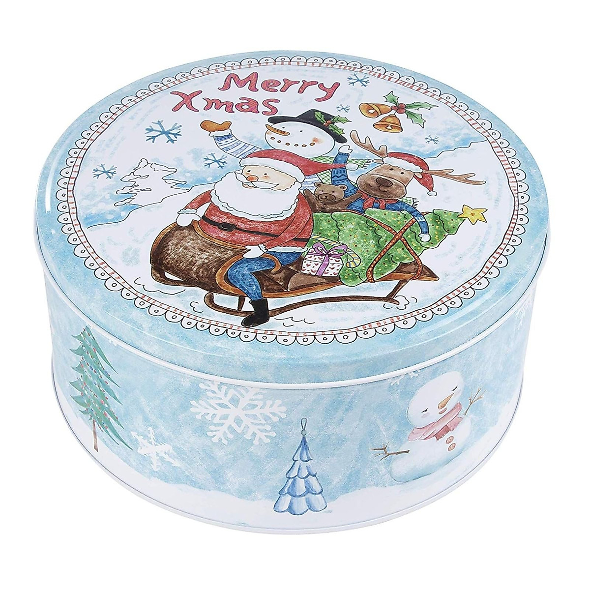Juvale Christmas Nesting Cake Tins - 3-Set Round Nested Cookie Candy Storage Containers with Lids for Confectioneries, Holiday Decor, Light Blue and White