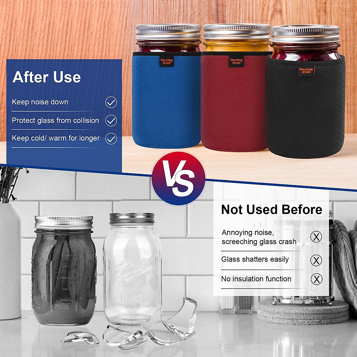 Desing Wish 32 oz Regular/Wide Mouth Mason Jar Neoprene Sleeve, 32oz Non-slip Cozy Insulated Glass Jars Protector Holder Sleeves 3.7 x 5.3 Inches - 4 Pack (Black/Red/Blue/Cyan)