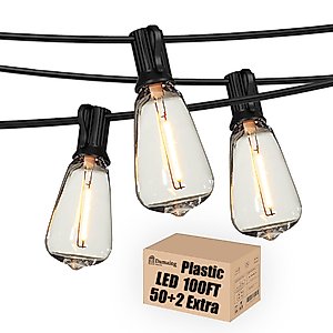 DAMAING Outdoor LED 100 FT Patio String Lights,52 ST38 Shatterproof Edison Style LED Bulbs,Vintage Plastic String Lights Waterproof for Bistro Gazebos Backyard Balcony Porch.