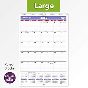 Academic Wall Calendar 2020-2021, AT-A-GLANCE, 15-1/2" x 22-3/4", Large, Wirebound, Plan-A-Month (AY328) ( July 2020 to June 2021)