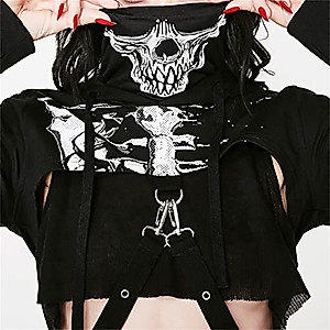XCJIKUKE Gothic Hoodies Skeleton Sweatshirt Punk Halloween Crop Tops Long Sleeve For Women Goth Mask Sexy Rave Outfit Festival Clothing