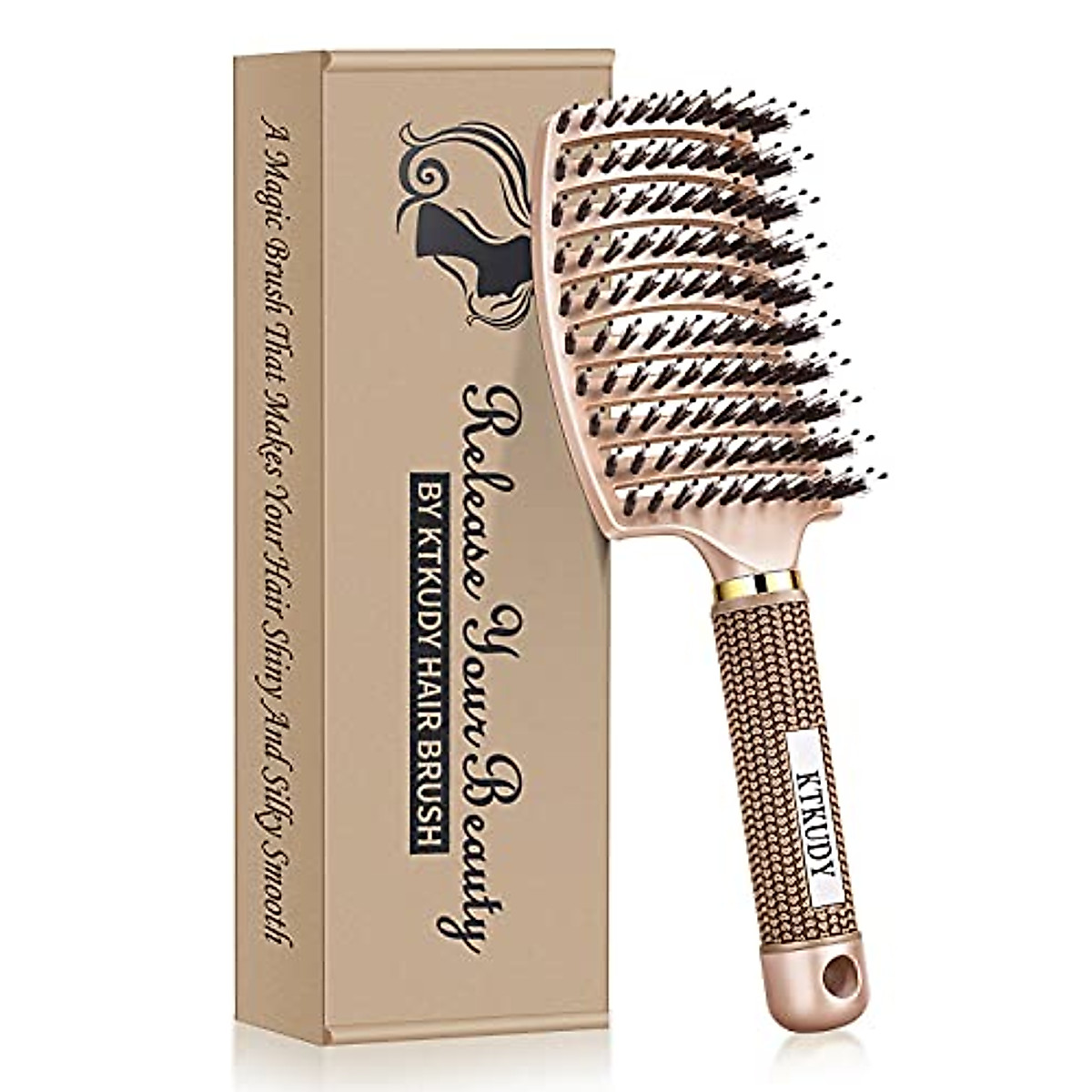 KTKUDY Detangling Brush Getting Knots Out without Pain - Boar Bristles Hair Brush Make Hair Shiny & Healthier Vented Detangler Brush for Women Men Kids Wet and Dry Hair (Gold)