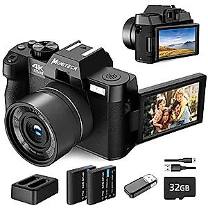 Monitech Digital Camera for Photography and Video, 4K 48MP Vlogging Camera for YouTube with 180° Flip Screen,16X Digital Zoom,32GB TF Card, 2 Batteries