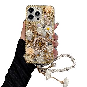 iFiLOVE for iPhone 14 Pro Max Bling Diamond Case with Flower Strap, 3D Luxury Sparkle Glitter Crystal Rhinestone Pearl Love Rose Wristband Bracelet Case Cover for Girls Women Kids (Champagne)