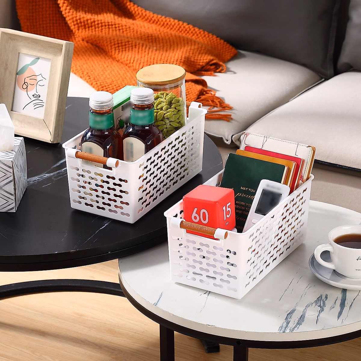 Beeveer 8 Pcs Plastic Storage Basket for Organizing 12 x 6 x 5 Inches Plastic Baskets for Organizer Plastic Storage Bins for Shelf Closet Pantry Desktop Home Office(White)