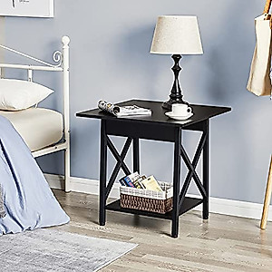 GreenForest End Table Large 24 inch Farmhouse Industrial Design Side Table Nightstand with Storage Shelf for Living Room, Easy Assembly, Black
