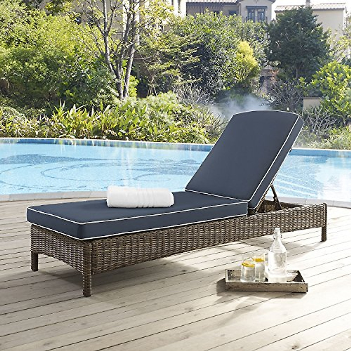 Crosley Furniture KO70070WB-NV Bradenton Outdoor Wicker Chaise Lounge, Brown with Navy Cushions