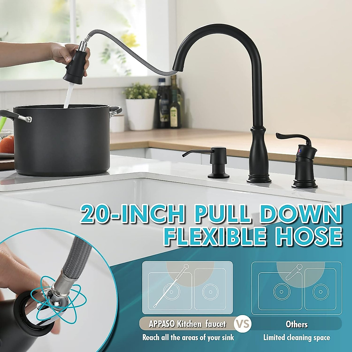 3 Hole Kitchen Faucet with Pull Down Sprayer, APPASO Kitchen Faucet with Soap Dispenser, 3 Pieces Kitchen Faucet with Separate Handle, Matte Black Kitchen Faucet 3 Hole, 218MB