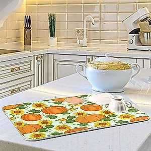Sunflowers Orange Pumpkins Dish Drying Mat for Kitchen Counter Absorbent Microfiber Dish Drying Pad Mat Washable Coffee Bar Mat Mats for Countertop Dining Table Holiday Decor 16"x18"