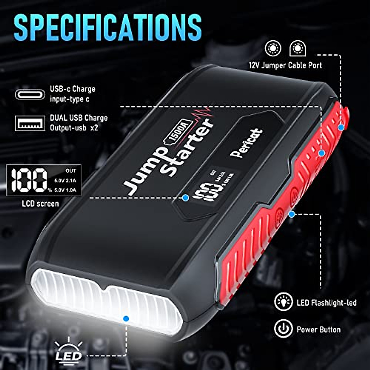 Jump Starter Pericat, 1500A Car Battery Jump Starter (7.0L Gas/5.5L Diesel), 12V Portable Car Jump Starter with LCD Display, Quick Charger Smart Jump Cables and LED Flashlight