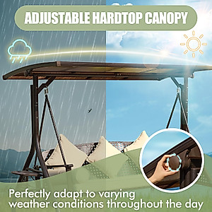 Yalissey 3-Seat Patio Porch Swing with Adjustable Hardtop,3 in 1 Convertible Outdoor Porch Swing for Adults,Patio Swing with Thicken Cushions,Pillows & Cup-Holders for Porch,Backyard,Garden (Beige)