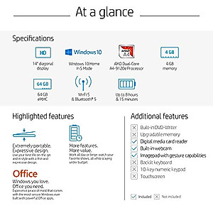 HP Stream 14-inch Laptop, AMD Dual-Core A4-9120E Processor, 4 GB SDRAM, 64 GB eMMC, Windows 10 Home in S Mode with Office 365 Personal for One Year (14-ds0060nr, Brilliant Black)