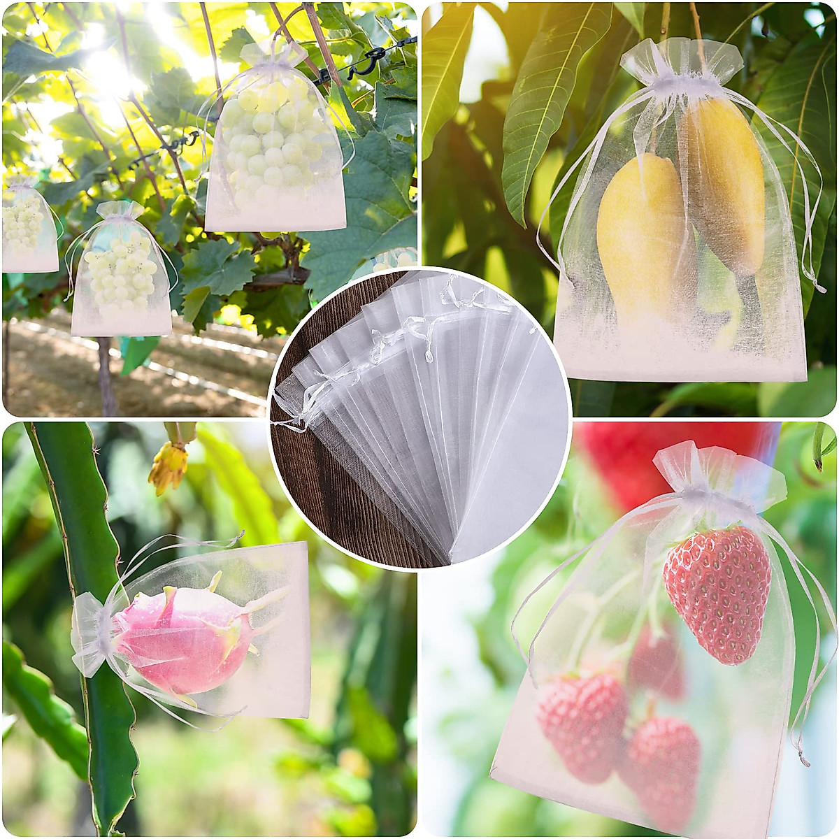 WenTao 50pcs Fruit Protection Bags 6x9 inch, White Mesh Drawstring Netting Cover Bags for Grapes, Mango, Fruit Trees, Vegetables - Pest Barrier and Fruit Protectors for Garden and Plant Fruit Flower