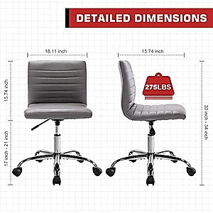 HOMEFLA PU Leather Office Armless-Computer Swivel Rolling Task Home Low Back Makeup Ribbed Desk Chair with Wheels for Bedroom Conference Reception Room (Grey, Retro)