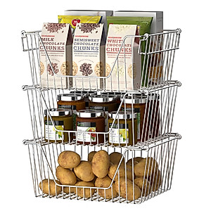 Slideep Large Stackable Storage Baskets Cabinet Organizer Sturdy Metal Wire Pantry Freezer Bin for Pantry Home Bathroom Kitchen Organization 3 Packs