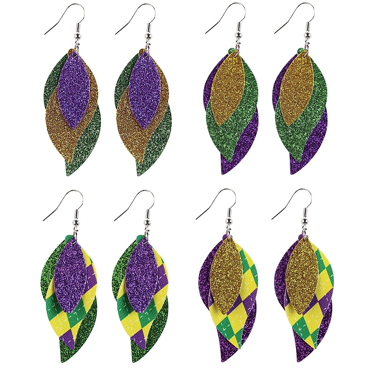 4 Pairs Colorful Mardi Gras Theme Leather Dangle Earrings Shining Layered Leaf Shape Teardrop Mardi Gras Earrings for Women Jewelry(B)
