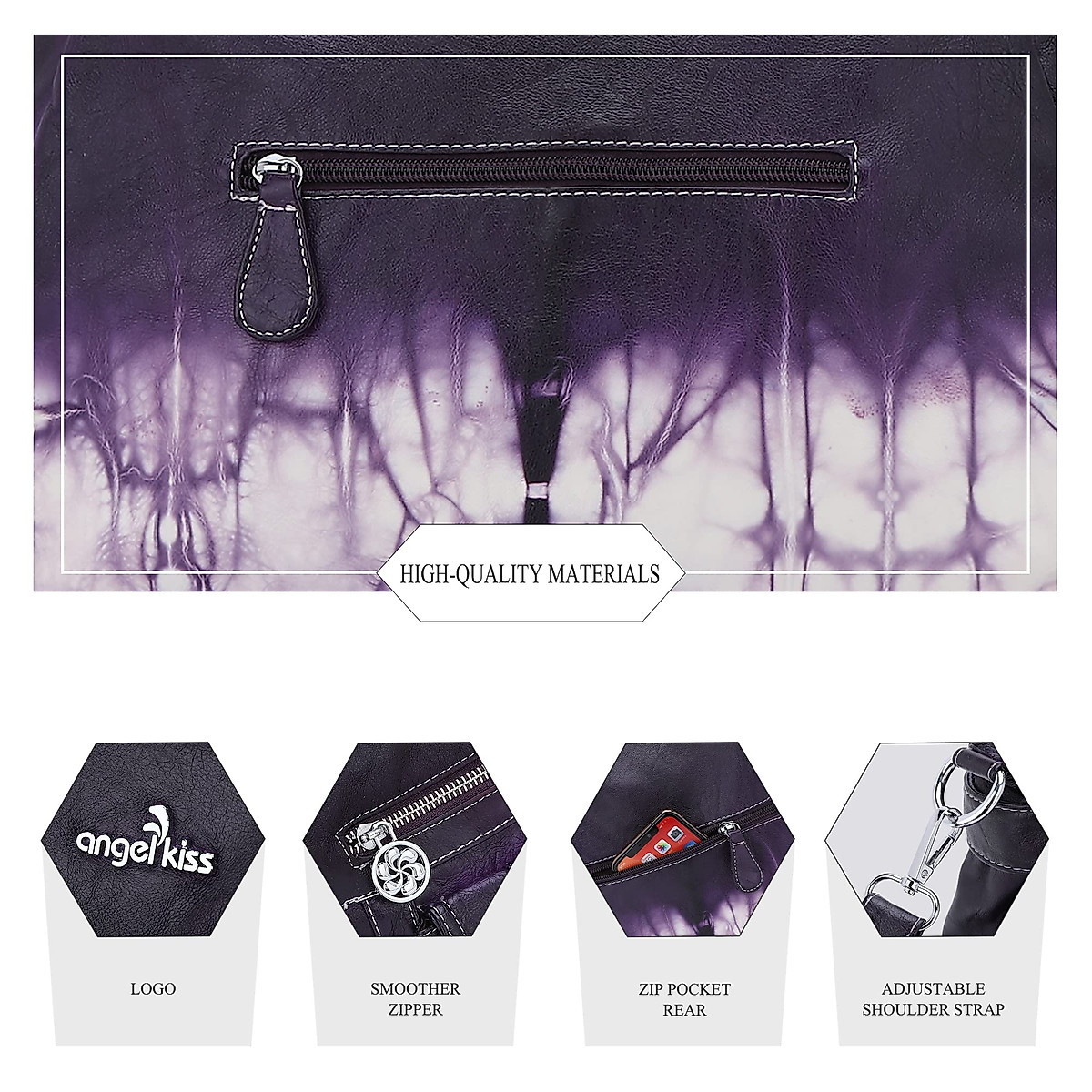 Angelkiss Women's Designer Handbag Large Double Zipper Multi Pocket Washed, Purple-z