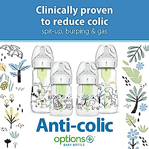 Dr. Brown’s Natural Flow® Anti-Colic Options+™ Wide-Neck Baby Bottle Designer Edition Bottles, Dinosaur and Jungle Design, 9 oz and 5oz, Level 1 Nipple, 4-Pack, 0m+