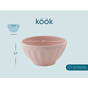 KooK Ceramic Cereal Bowl Set, Kids Breakfast Bowls, Fluted, Microwave and Dishwasher Safe, Kitchen Bowls, For Soup, Pasta, Salad, Dessert, 20 oz, Set of 6 (Dusty Pink)