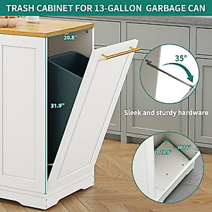 YITAHOME 53 inch Large Rolling Kitchen Island with Trash Can Storage Cabinet, Portable Mobile Islands Table Long Floating Movable w Wheels Cabinet for 13 Gallon Garbage Bin 2 Drawer, White Oak