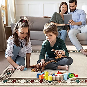 ROYHOME Washable Area Rug for Living Room Contemporary Bordered Floorcover Indoor Carpet Contemporary Geometric Bordered Accent Area Rugs for Bedroom, Home Office, Beige, 5 x 7 Feet