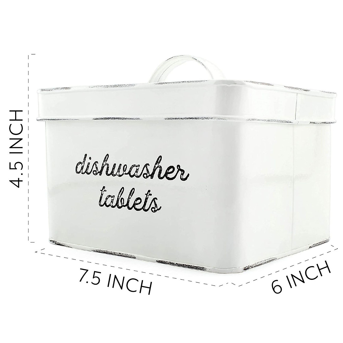 AuldHome Dishwasher Pod Holder, Tablet Container; White Enamelware Rustic Kitchen Storage Tin with Lid