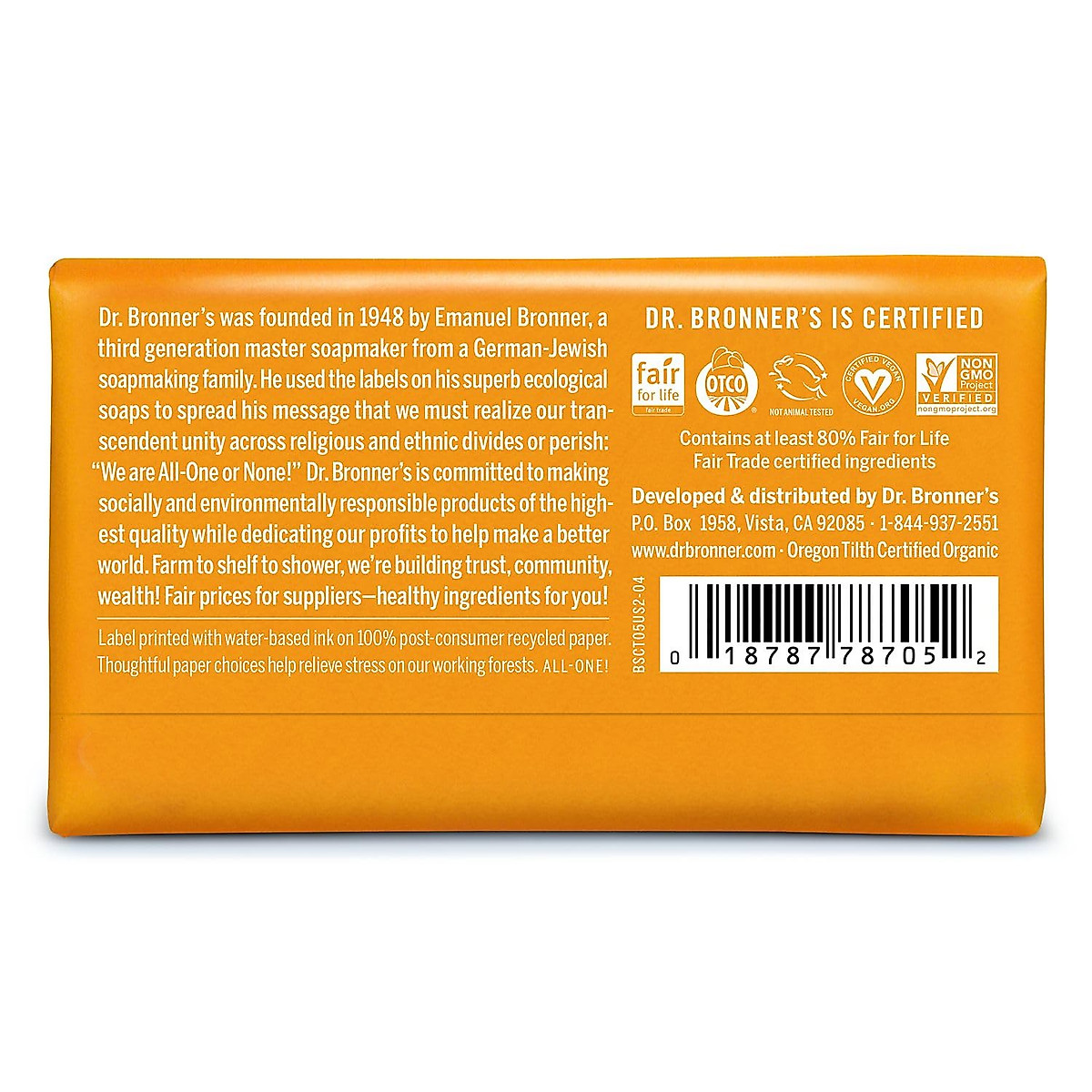 Dr. Bronner's - Pure-Castile Bar Soap (Citrus, 5 ounce) - Made with Organic Oils, For Face, Body and Hair, Gentle and Moisturizing, Biodegradable, Vegan, Cruelty-free, Non-GMO