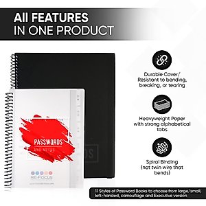 RE-FOCUS THE CREATIVE OFFICE, Password Book Keeper, Black, Small, Mini, Alphabetical Tabs, Spiral Bound, Removable Sheets, Journal Organizer, Includes, Website, Address, Username, Password
