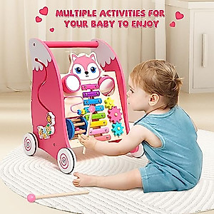 NUKied Wooden Baby Walker Baby Push Walker with Multiple Entertainment Activity Center, Sit-to-Stand Learning Baby Walkers for 9M+ Boys Girls Infants