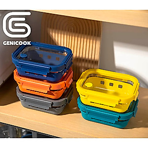 GC GENICOOK Glass Food Storage Meal Prep Containers - Bowls with Silicone Sleeve and Airtight Durable Glass Lids- Bento Box Lunch Box -stackable,microwave and freezer safe,(5 Pack, 22 Ounce)