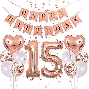Birthday Decorations Pink Happy Birthday Banner 40inch Rose Gold Number 15 Balloons Rose Gold Confetti Balloons 1" in Diameter Heart Confetti for 15th Birthday Party Supplies Photo Props