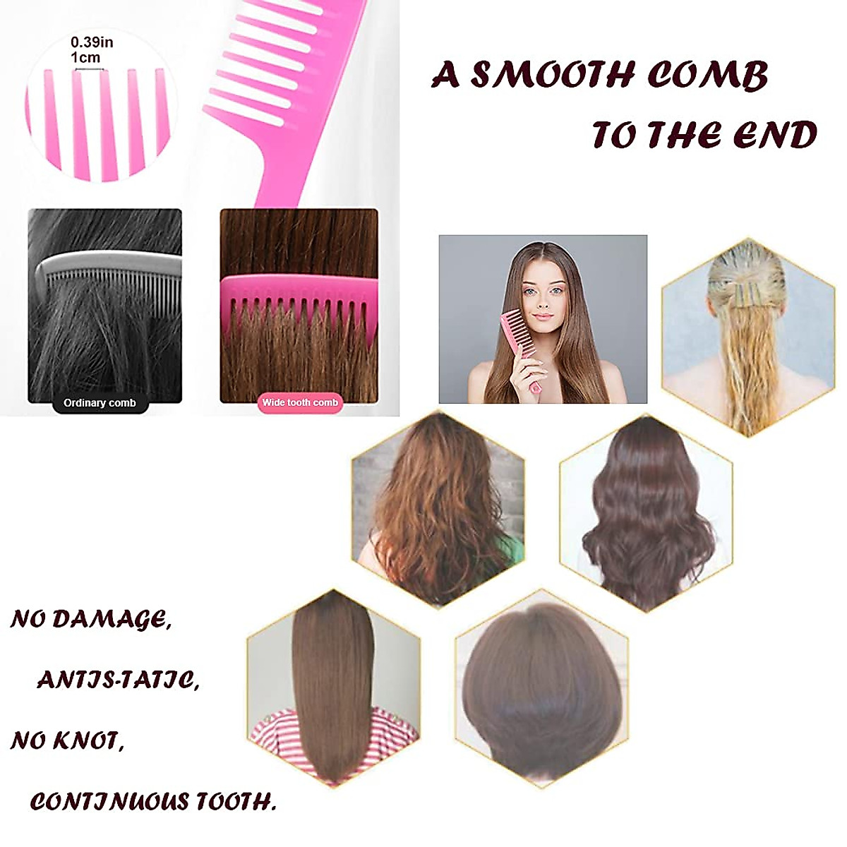 2 PCS Ancgreen Wide Tooth Comb Detangling Comb Shower Comb with Hook Hair Comb Brush for Women Curly/Wet/Dry/Long/Thick Hair (Pink)