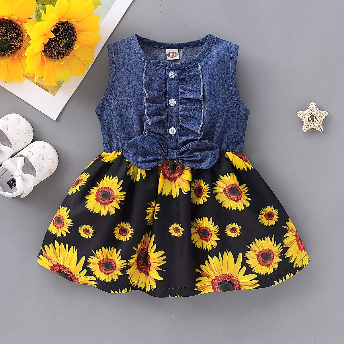Kucnuzki 12 Month Girl Clothes Toddler Girl Princess Dresses Short Sleeve Girls Denim Skirt Baby Summer Swing Dress Outfits 12-18 Months(Flower+Black)