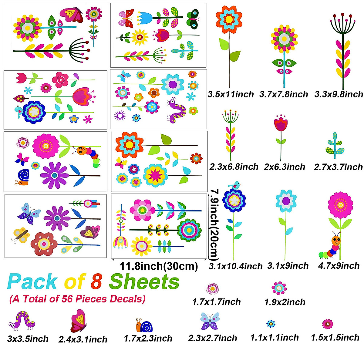 Maydahui 56PCS Garden Flower Wall Corner Decal Snail Butterfly Caterpillar Bird Snake Sunflower Grass Floral Baseboard Wall Sticker for Kids Girls Room Bedroom Nursery Classroom Home Decoration