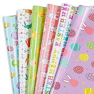 Whaline 12 Sheet Easter Wrapping Paper 6 Designs Easter Egg Bunny Rabbit Wrapping Paper Watercolor Cartoon Art Paper for Spring Holiday Birthday Baby Shower Party Gift Wrap DIY Craft, 19.7 x 27.6 in