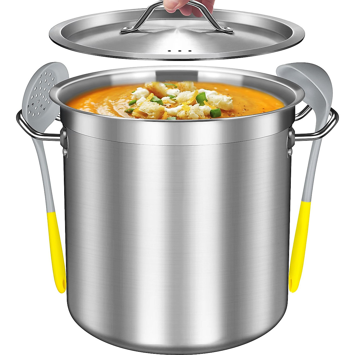 Falaja Large Stock Pot Set- 20 Quart Stockpots - Include Silicone Ladle, Slotted Spoon - Stainless Steel Cooking Pot, Soup Pot with Lid, Big Pots for Cooking, Induction Pot Stew Pot Pozole Pot