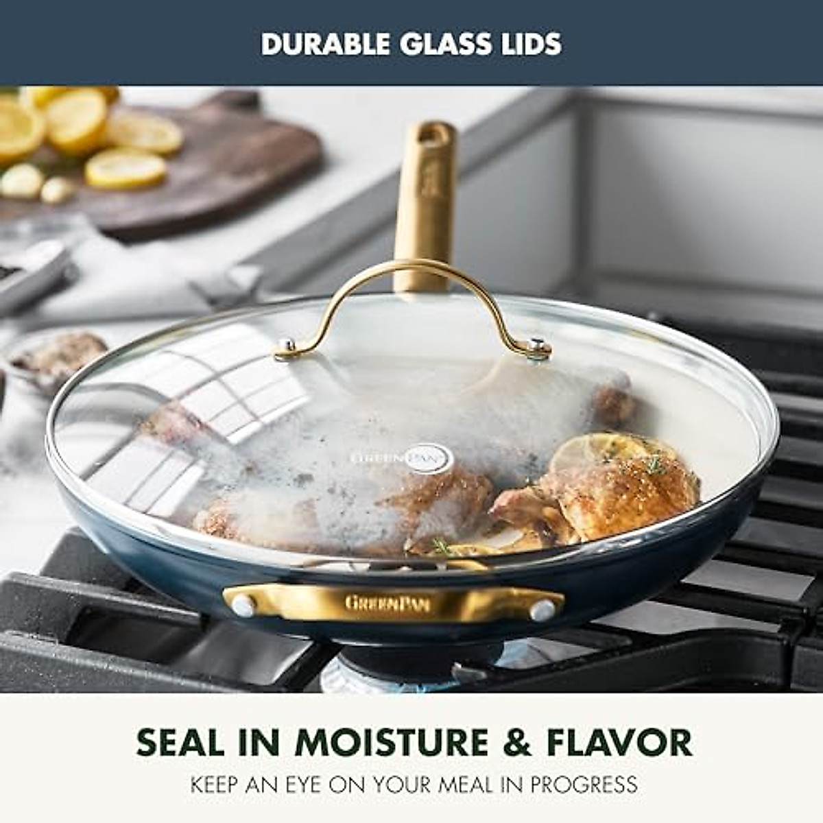 GreenPan Reserve Hard Anodized Healthy Ceramic Nonstick 12" Frying Pan Skillet with Helper Handle and Lid, Gold Handle, PFAS-Free, Dishwasher Safe, Oven Safe, Twilight Blue