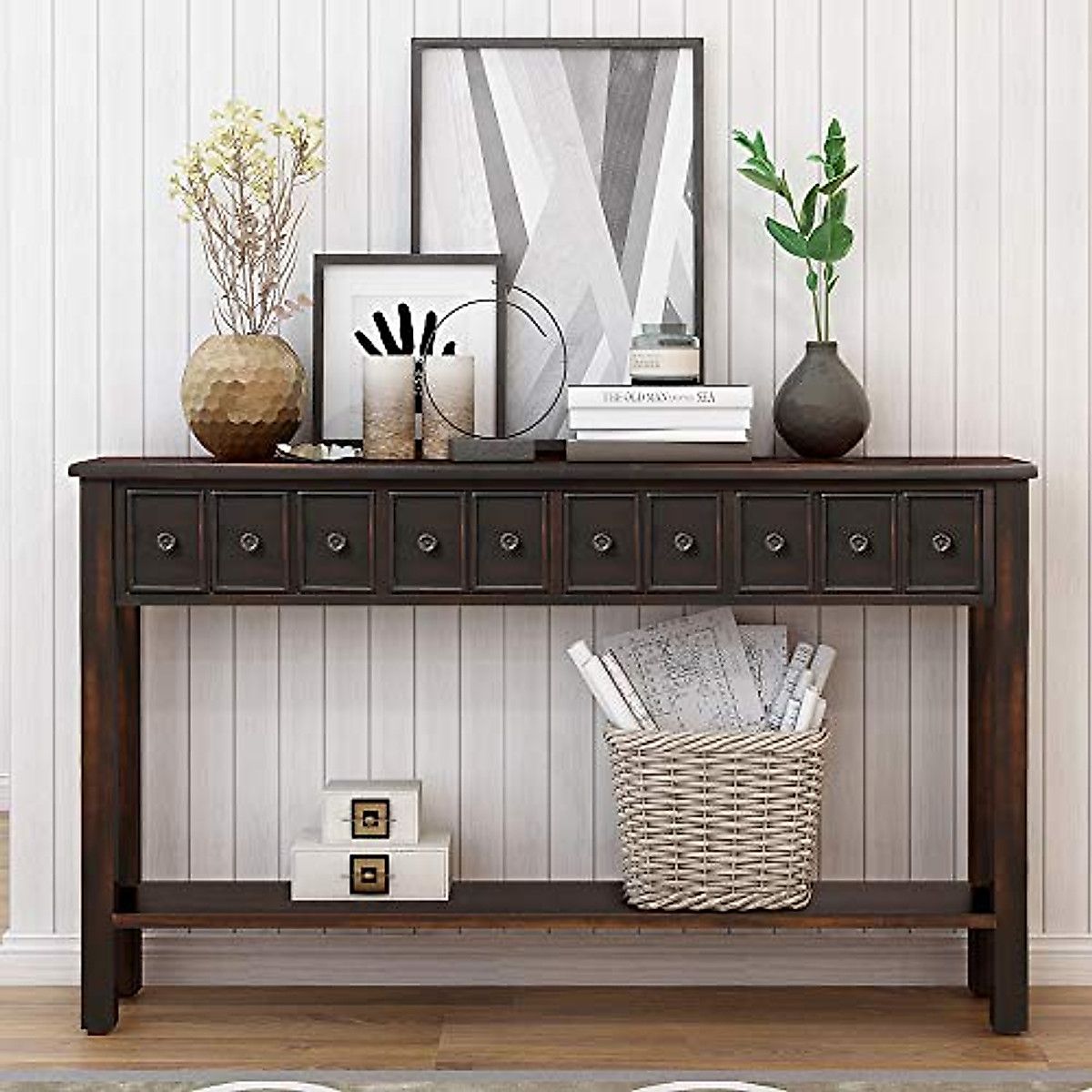 Lifeand Rustic Entryway Console, 60" Long Sofa Table with Two Different Size Drawers and Bottom Shelf for Storage, Black