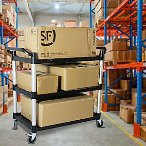 Abacad Plastic Commercial Cart Large Size, Restaurant Cart with Wheels Lockable, Heavy Duty Utility Service Cart for Foodservice, Commercial,Office, Warehouse, Black, 40.15X 19.29x 38.97 inches.