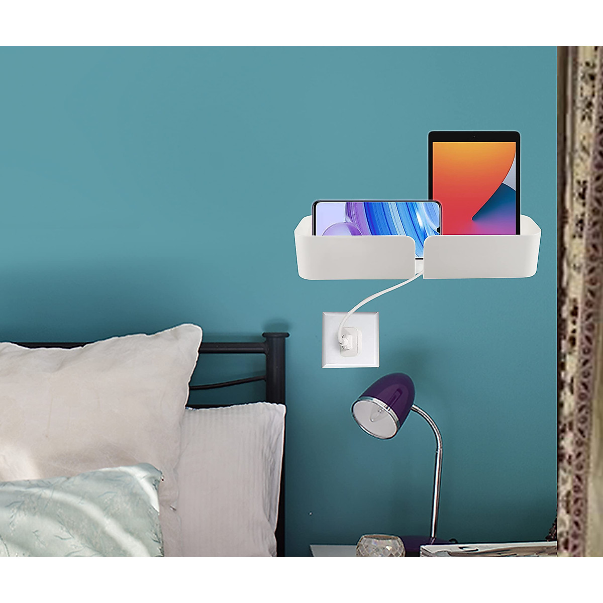 Home-X Floating Wall Organizer with Slit for Phone Charger, Easy Mountable Adhesive Wall Shelf, Wall Organizer for Bedside, Kitchen, or Office, 10" L x 3" W x 2" H, White