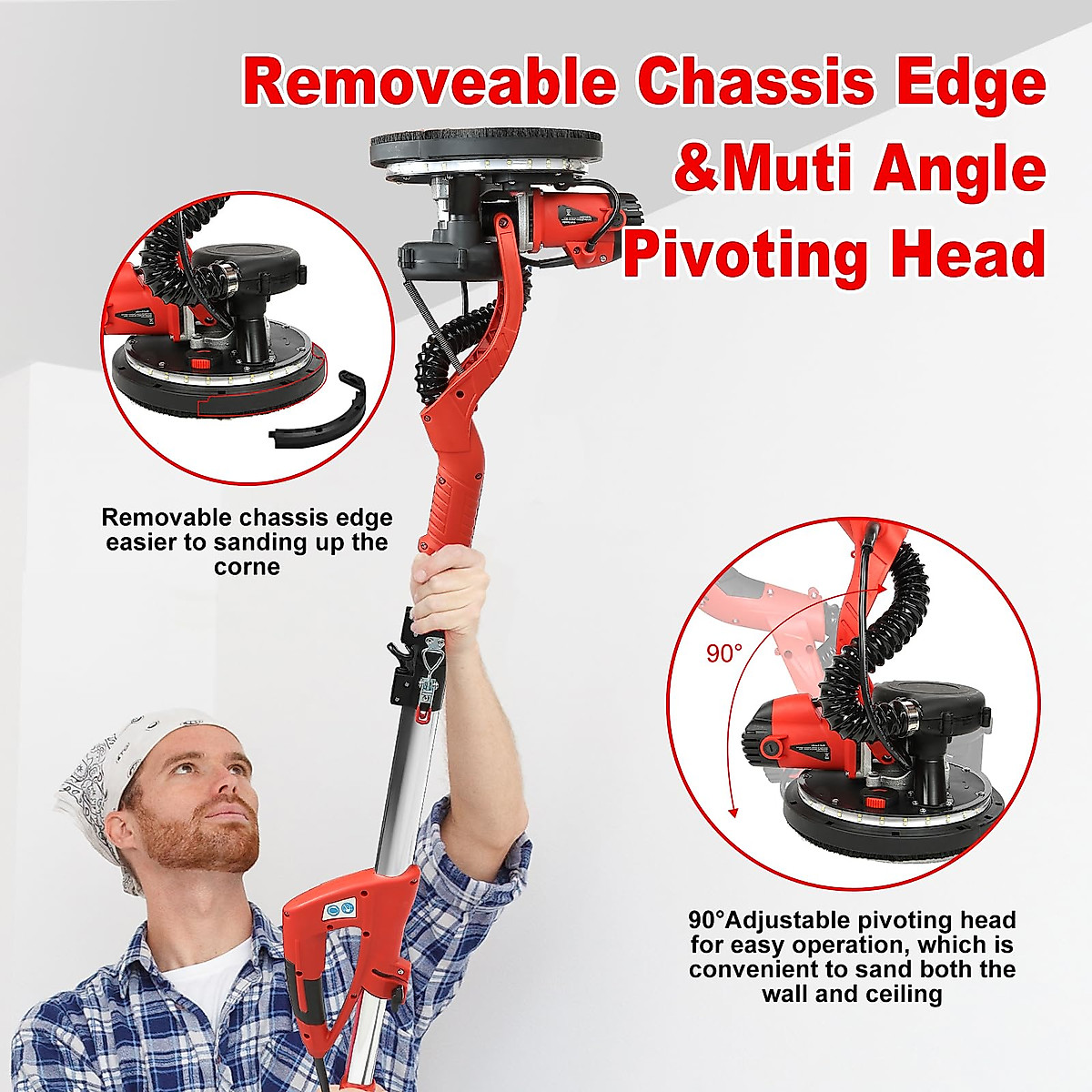 Drywall Sander, 850W Electric Drywall Sander with Vacuum Dust Collection, 7.2A Floor and Popcorn Ceiling Removal Tool, 6 Variable Speed 900-1800RPM, 16 Sanding Discs,Pure-Copper Motor, IP20 Waterproof