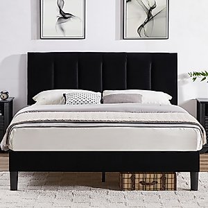 VECELO Queen Bed Frame with Upholstered Headboard, Platform Mattress Foundation with Strong Wooden Slats Support, No Boxing Spring Needed, Easy Assembly, Black