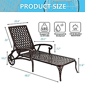 ROIYEIER Lounge Chairs for Outside, Chaise Lounge Outdoor Set of 2 Cast Aluminum with Adjustable Backrest and Moveable Wheels for Poolside Backyard Patio, Bronze