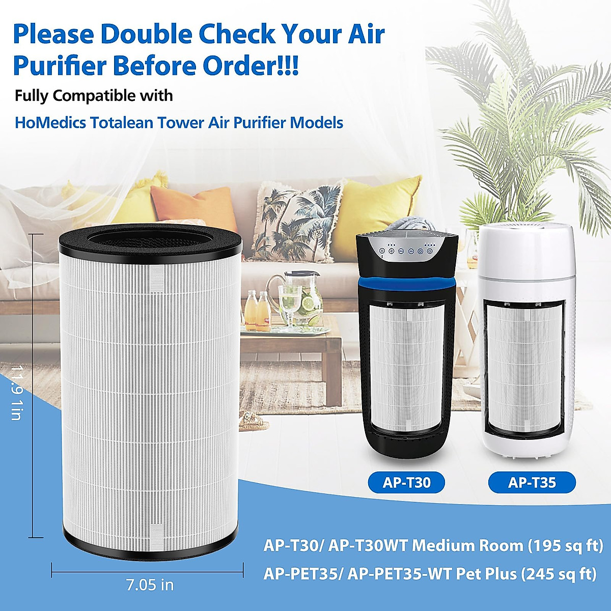 AP-PET35 AP-T30 Replacement Filter Compatible with HoMedics TotalClean Air Purifier Models 5-in-1 AP-T30FL AP-T30WT AP-PET35FL AP-PET35-WT, 360° Filtration 5 Layers 3 in 1 H13 True HEPA Filter