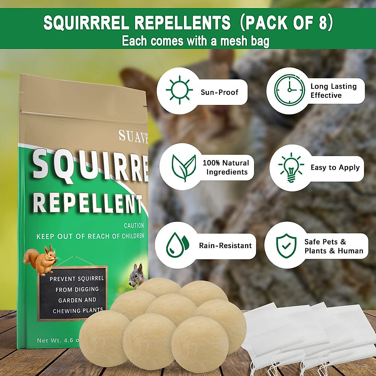 SUAVEC Squirrel Repellent, Chipmunk Repellent, Squirrel Deterrent Peppermint, Outdoor Squirrel Repellents for Garden, Indoor Repellent Squirrels for Attic, Keep Squirrel Away for Plants -8 Pack