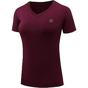 NELEUS Women's 3 Pack V Neck Compression Running Shirt Workout Clothes,8016,Black/Grey/Burgundy,Medium