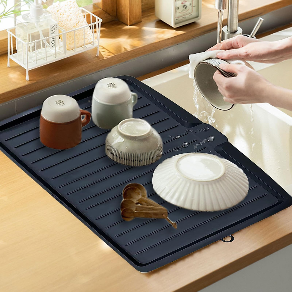 SWEETBIUTI Dish Drain Board Tilt PP Dish Drainer Quick Dry Dish Drain Board with Drain Port Dish Drying Rack Multipurpose for Kitchen Counter, Black 15.75x10.43x1.18in.