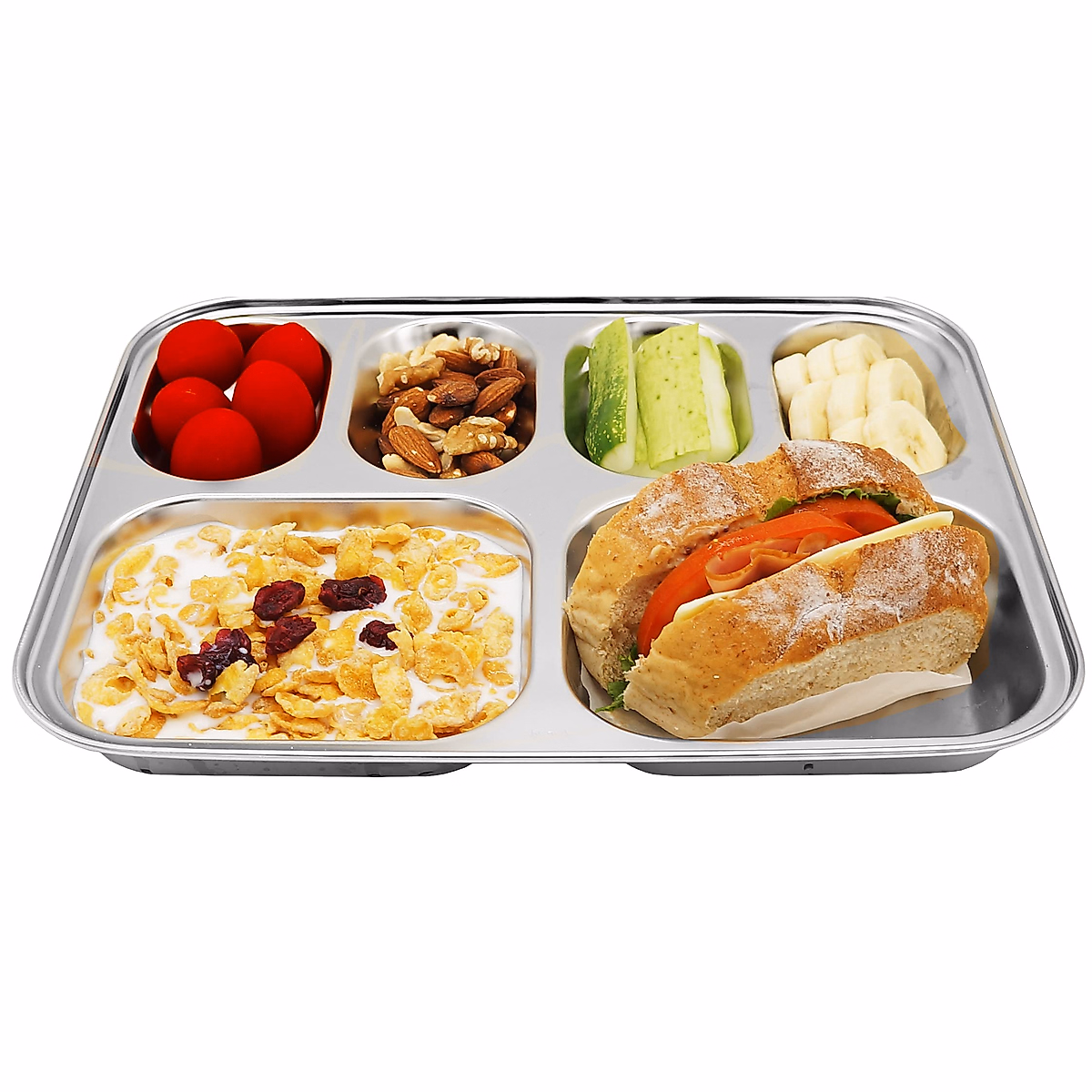 Korean Stainless Steel Divided Plates, Food Grade 304 Tray for Kids, Teens, Adults, Picky Eaters, BPA Free, 6 Sections, Diet Portion Control, Serving Platter, Dinner Snack, Set of 2