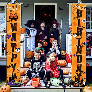 Halloween Birthday Party Decorations Door Banners, 2pcs Happy Birthday Porch Sign Banner, Cartoon Themed Party Supplies Decorations Welcome Door Banner for Halloween Birthday Party