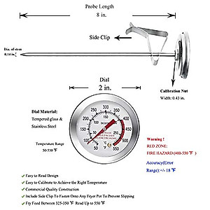 BOHK 8 Inch Meat Temperature with Clip for Cooking Grill Thermometer with Probe Stainless Steel Metal Thermometers for Deep Frying